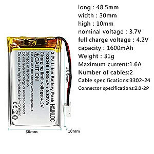 DC 3.7V 1600mAh 103048 Rechargeable Polymer Lithium ion Battery Replacement for DIY 3.7-5V Electronic Product, Mobile Energy Storage Power Supply
