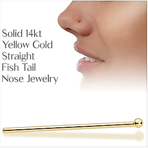 Body Candy Solid 14k Yellow Gold 1.5mm Ball Straight Fishtail Nose Stud Ring 20 Gauge 17mm