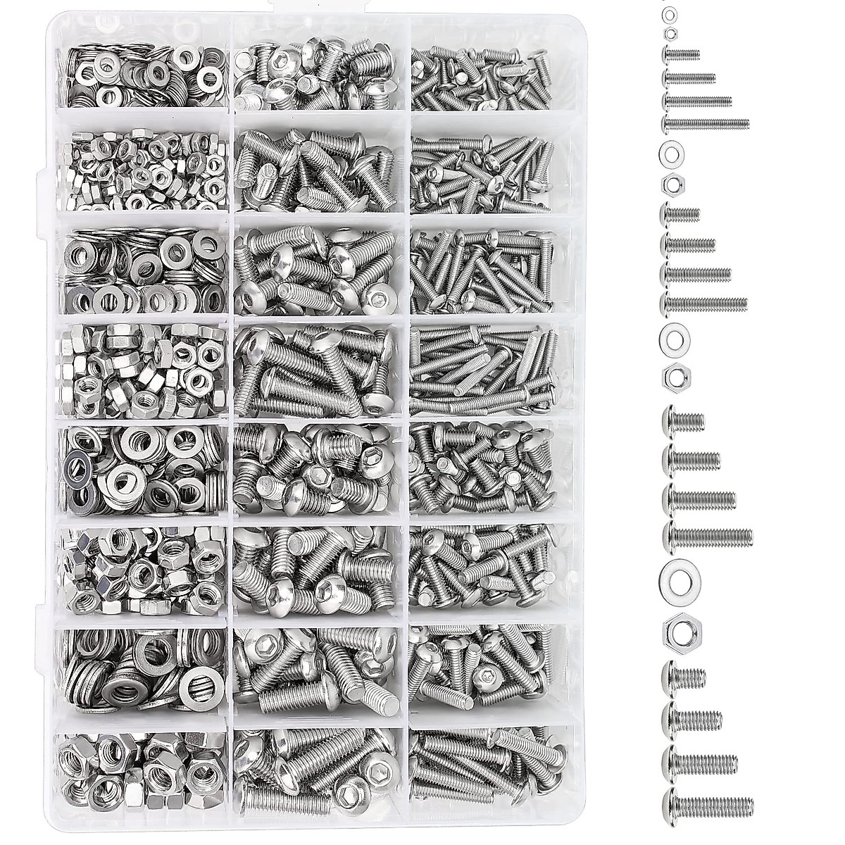 HELIFOUNER 810 Pieces M3 M4 M5 M6 304 Stainless Steel Button Head Socket Cap Metric Screws Bolts, Flat Washers and Nuts Assortment Kit with Hex Wrenches