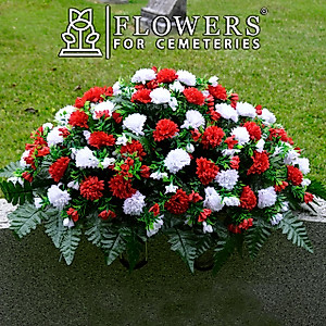 Sympathy Silks Artificial Cemetery Flowers - Grave Decorations Winter Memorial - Christmas Red and White Mums Saddle for Headstone