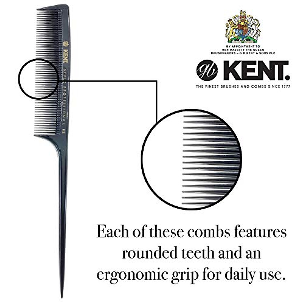 Kent SPC82 Salon-Style Dressing Cutting Comb with Fine Teeth - Tail Comb Professional Barber Haircut Comb for Styling and Teasing for All Hair Types - Kent Quality Handmade Barber Supplies