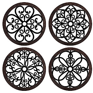 4 Pieces Thicken Rustic Wall Decor Farmhouse Wall Art Decor Wooden Hollow Carved Design Rustic Round Wall Art for Living Room Bedroom Hallway Decor Office Kitchen Wall Decoration (Black, Brown)