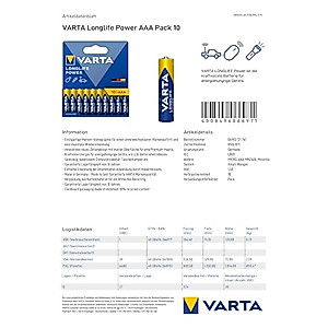 VARTA Longlife Power AAA Micro LR03 Alkaline Battery (10-Pack) - Made in Germany - Ideal for Toys, Torches, Controllers and Other Battery-Powered Devices