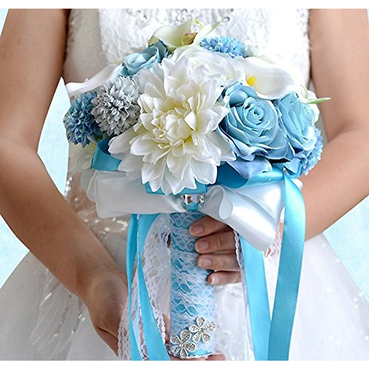 Abbie Home Real Touch Calla Lily Dahlia Bridal Bouquets Crystal Light Blue Ribbon Beach Wedding Rose Flowers Décor (B Round Bouquet)