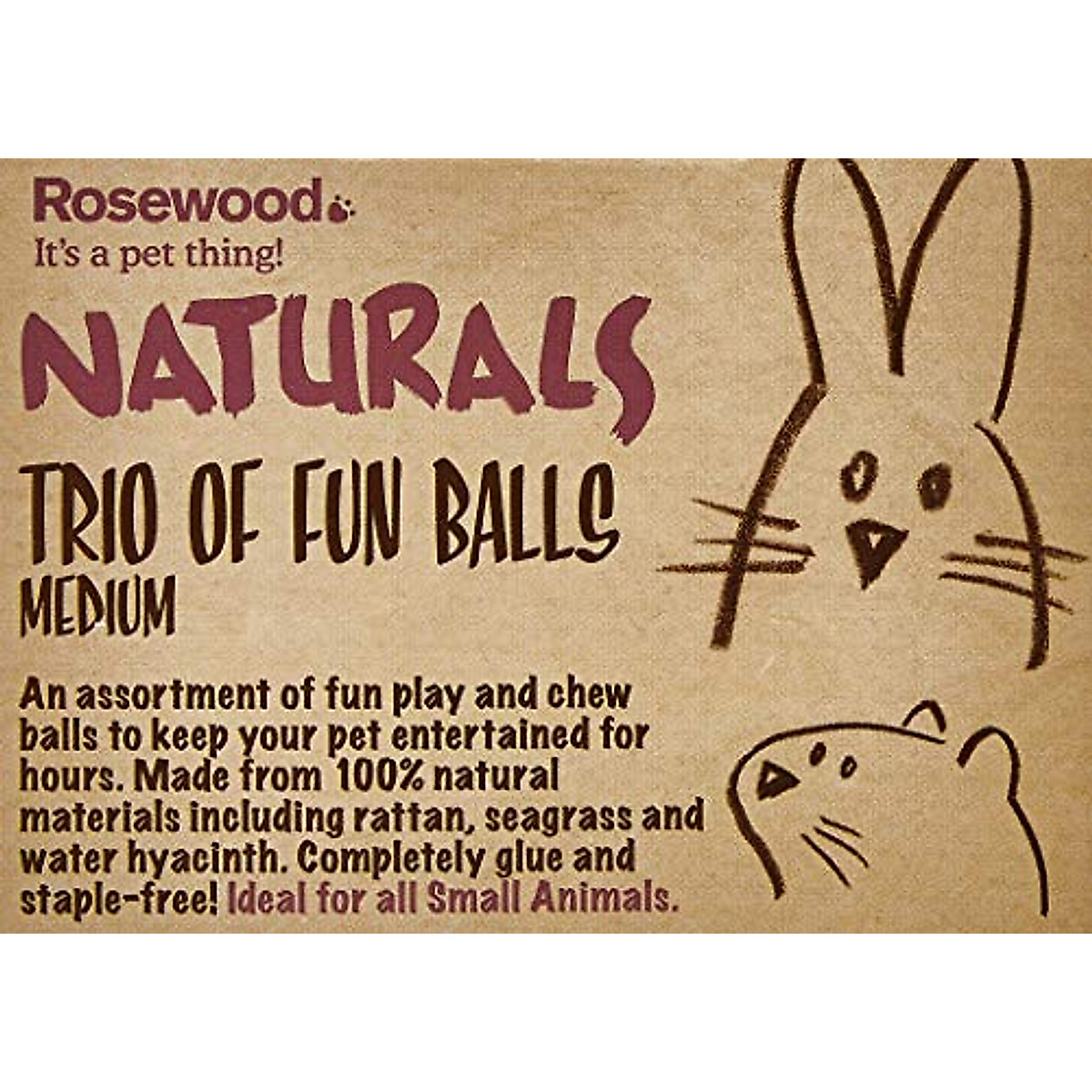 Rosewood Boredom Breaker Small Animal Naturals Toy Trio of Fun Balls, Natural, 3 Count (Pack of 2), Medium