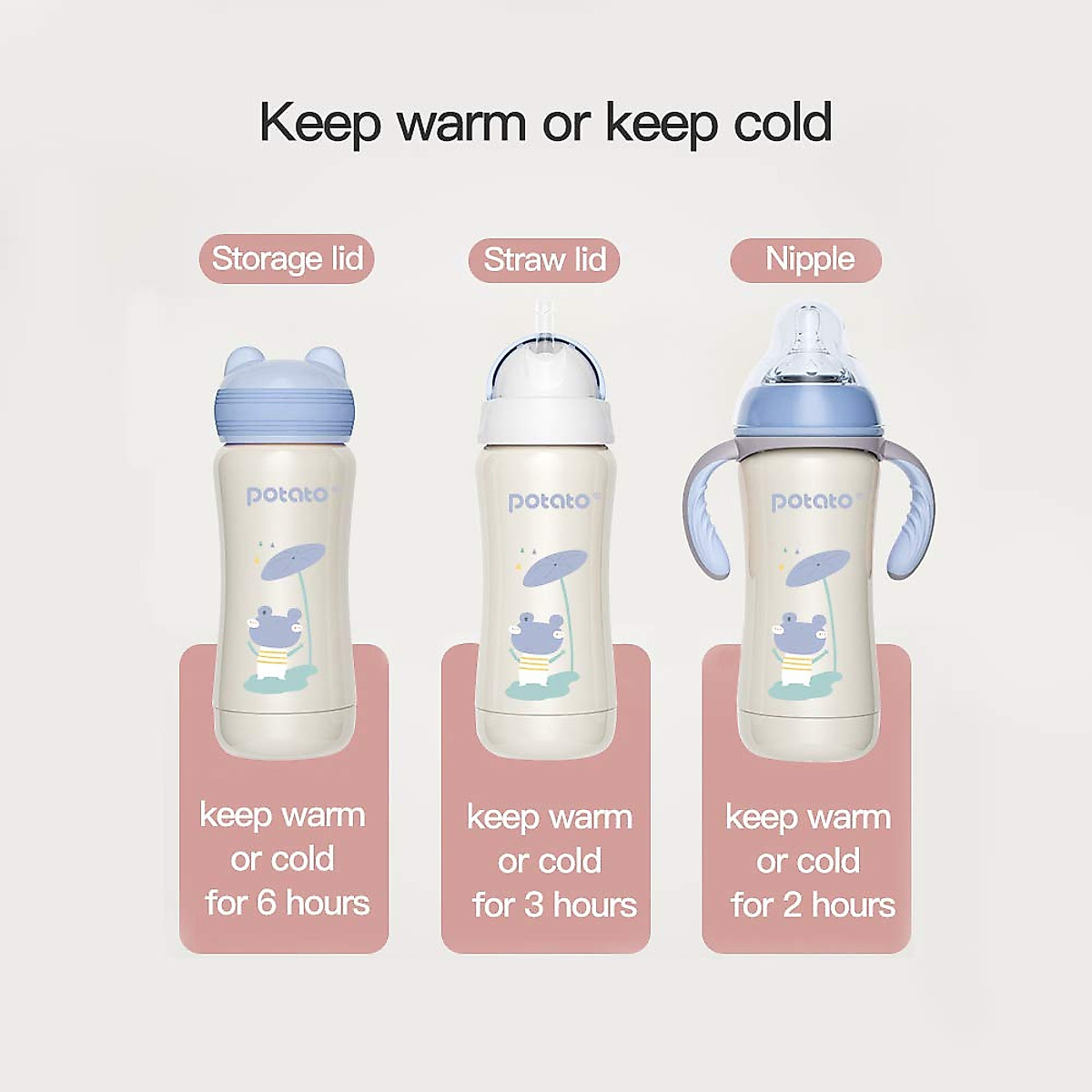 POTATO Baby Thermos Cup Water Bottle for Kids Stainless Steel Sippy Cup with 3 Kinds of Lids,Keeps Cold for 8 Hours 8 oz, Blue