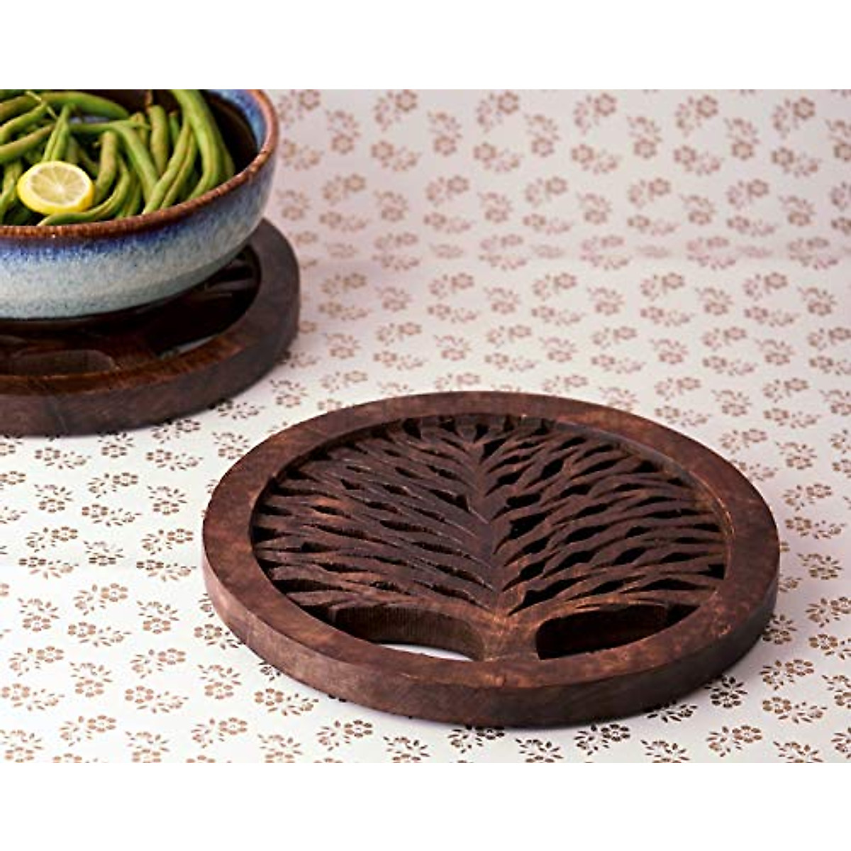 Set of 2 Wooden Trivets for Hot Dishes Pots and Pans Tea Pot Holders Nonslip Heat Resistant Kitchen Counter Accessories for Table Countertops (TRWAL) 8" Diameter Tree of Life Design
