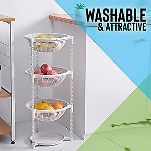 Uncluttered Designs Stacking Basket Bins (3 Tier + Plate) — Display for Fruit, Potato, Onion & Produce — Crafts, Art Supplies & Housewares Organizer — Bedroom & Bathroom Organization & Storage (White)