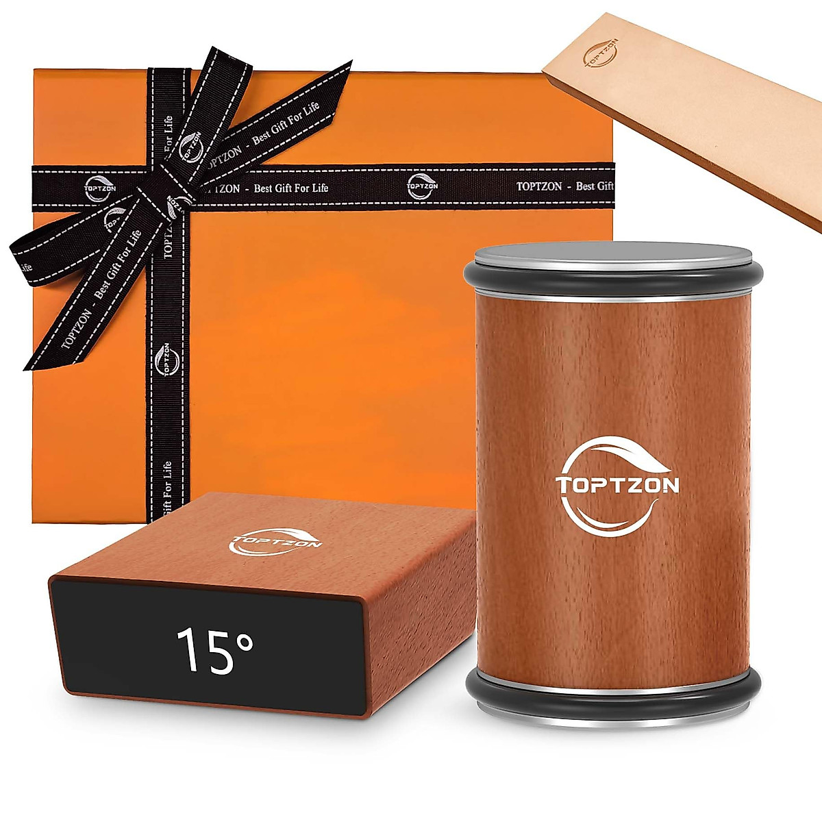 Toptzon Diamond Brown Rolling Knife Sharpener – Roller Knife Sharpener Kit with 15 & 20 Degree Magnetic Angle Stand & Leather Strop Paddle Kit - Easy Sharpening for Kitchen Knife (Modern Brown)