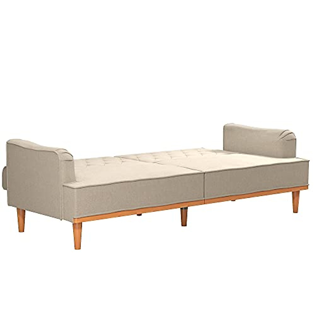 Mr. Kate Stella 80 Inch Futon Sofa Bed, Modern Upholstered Couch Sleeper with Button Tufted Back and Wood Trim, Tan