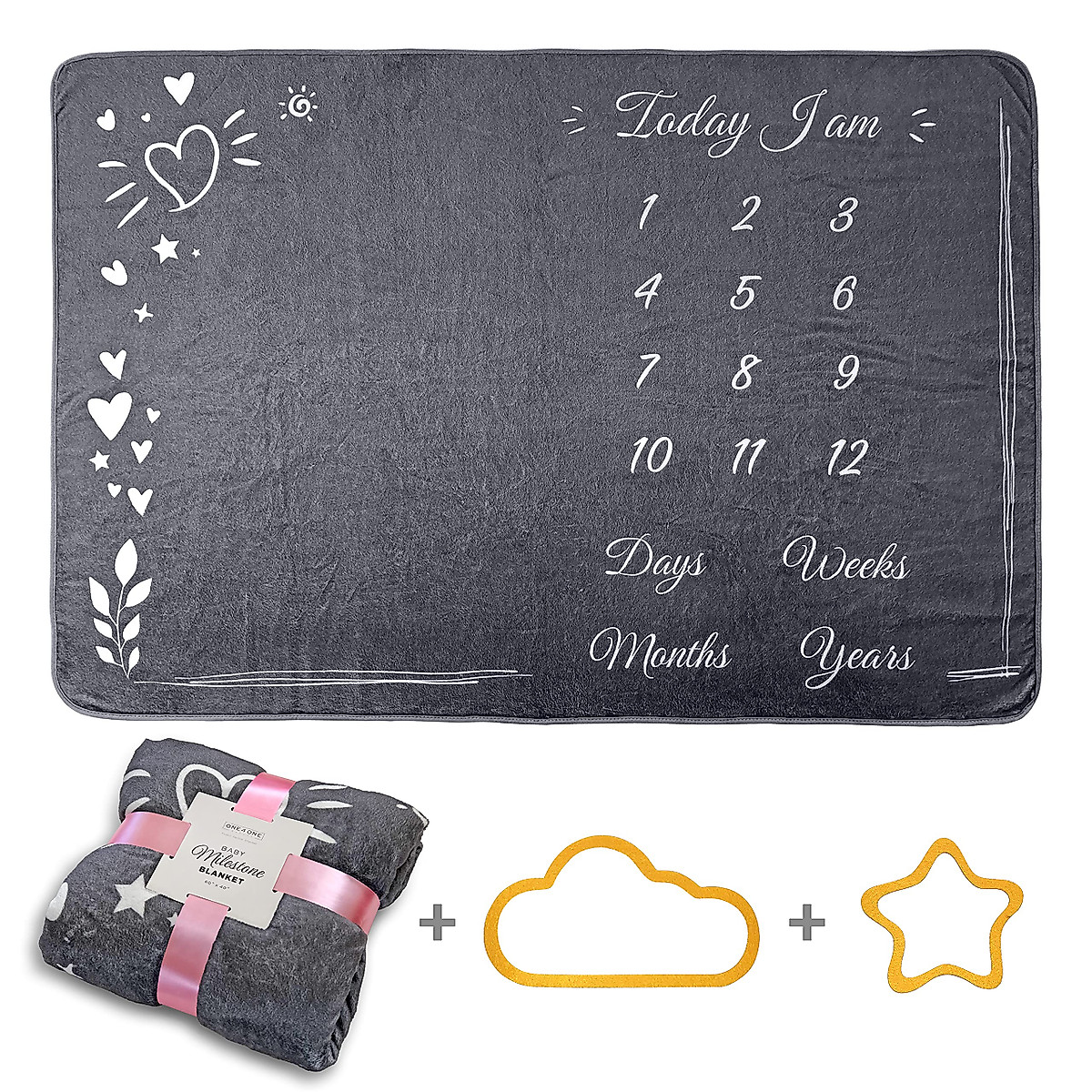 ONE4ONE Safety Grey Baby Monthly Milestone Blanket Boy, Girl.Extra Large Baby Milestone Blanket Baby Gifts, Nursery Decor Baby Shower. Newborn Baby Month Blanket. Baby Growth Chart Blanket