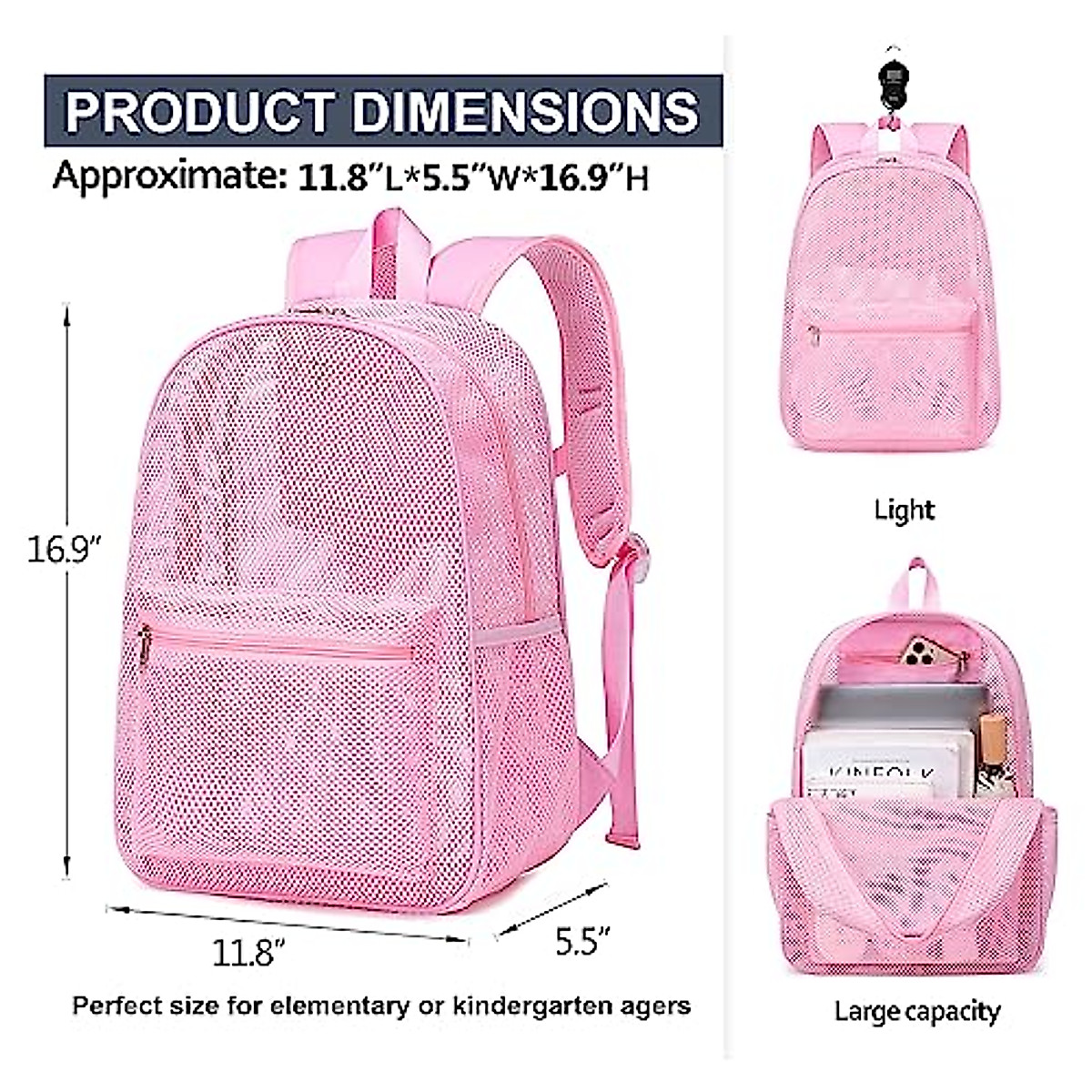 LEDAOU Mesh Backpack for Kids Girls Semi-Transparent Mesh School Backpack Bookbag Lightweight Casual Daypacks for Beach Gym(Pink)