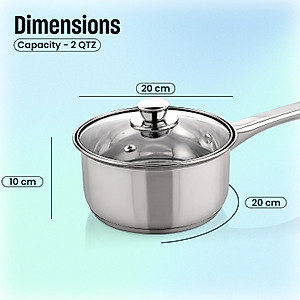 MARBELLA 20 cm Stainless Steel Saucepan with Glass Lid Food Grade Heavy Duty Multipurpose Saucepan for Stew, Simmering, Soup Pot, Induction, Gas and Dishwasher Safe Nickel Free Cookware Silver