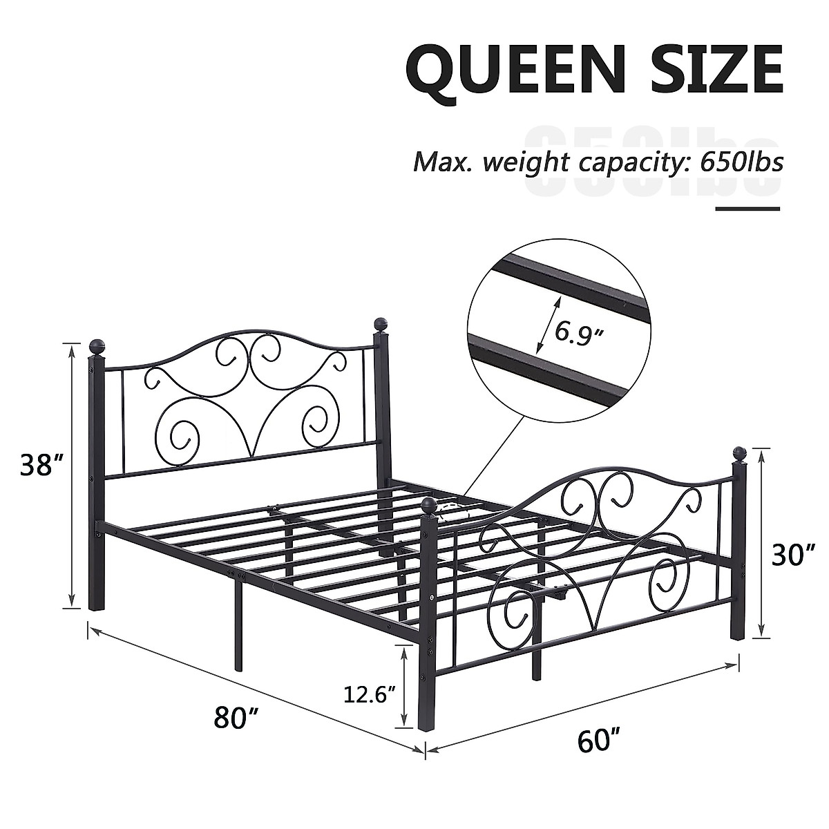 VECELO Queen Size Bed Frame with Headboard and Footboard, Heavy Duty Metal Slat Support, Platform Mattress Foundation, No Box Spring Needed, Easy Assembly, Dark Black
