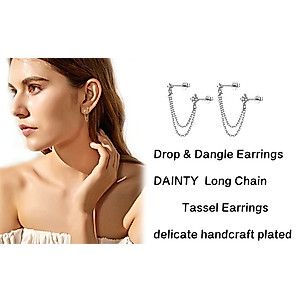 Lansora Double Piercing Earrings Silver Gold Cz Cubic Zirconia Stone Chain Link Dangle Stud Earrings
