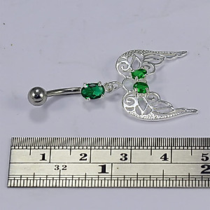 Dark Blue Gemstone Fancy Angel Wings with Floral Dangling Design 925 Sterling Silver with Stainless Steel Belly Button Navel Rings