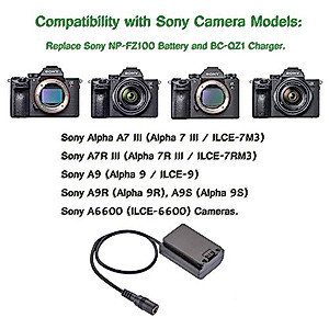 Gonine NP-FZ100 A7III Dummy Battery Continuous Power Supply AC Adapter Kit for Sony Alpha A6600 A7IV A7SIII A7C A1 FX3 A7R3 A7R IV, A9 A9R A9S Cameras, Replaces BC-QZ1 Battery.