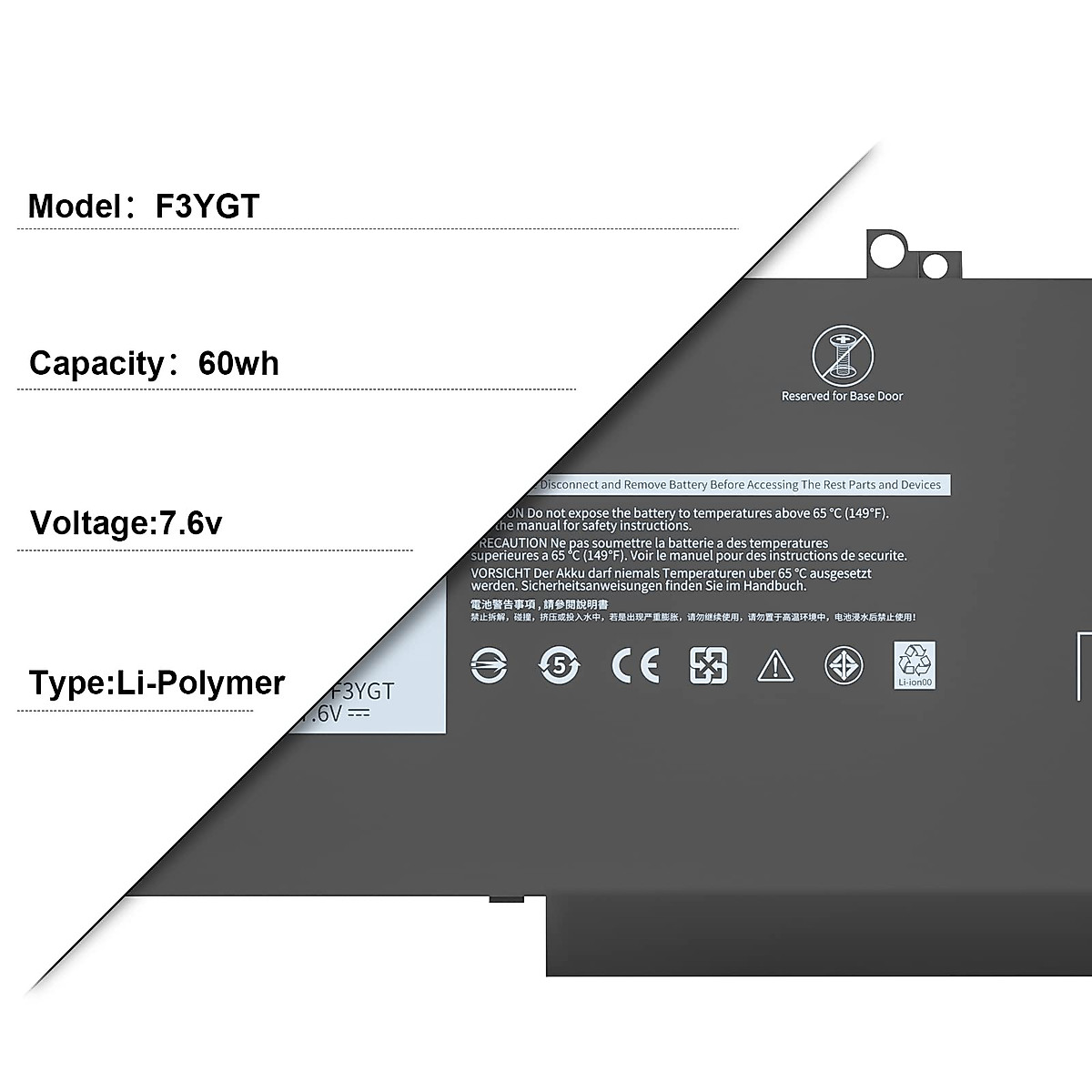 POWERWOO F3YGT Replacement Battery for Dell Latitude 7480 7490 7280 7290 7380 7390 P29S002/14 P28S001 P73G P73G002 Series 453-BBCF 451-BBYE KG7VF DM3WC DM6WC V4940 2X39G - high Performance 60Wh 7.6V