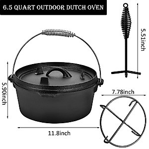 10 Quart Cast Iron Dutch Oven Pre-seasoned Pot with Lid Lifter Handle, Casserole Pot with Lid Lifter for Camping Cooking BBQ Baking