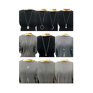 Ofeiyaa 10Pcs Long Pendant Necklace Simple Moon Bar Three Triangle Tassel Lock Sweater Y Shape Punk Chain Choker Necklace for Adults Women Silver Tone