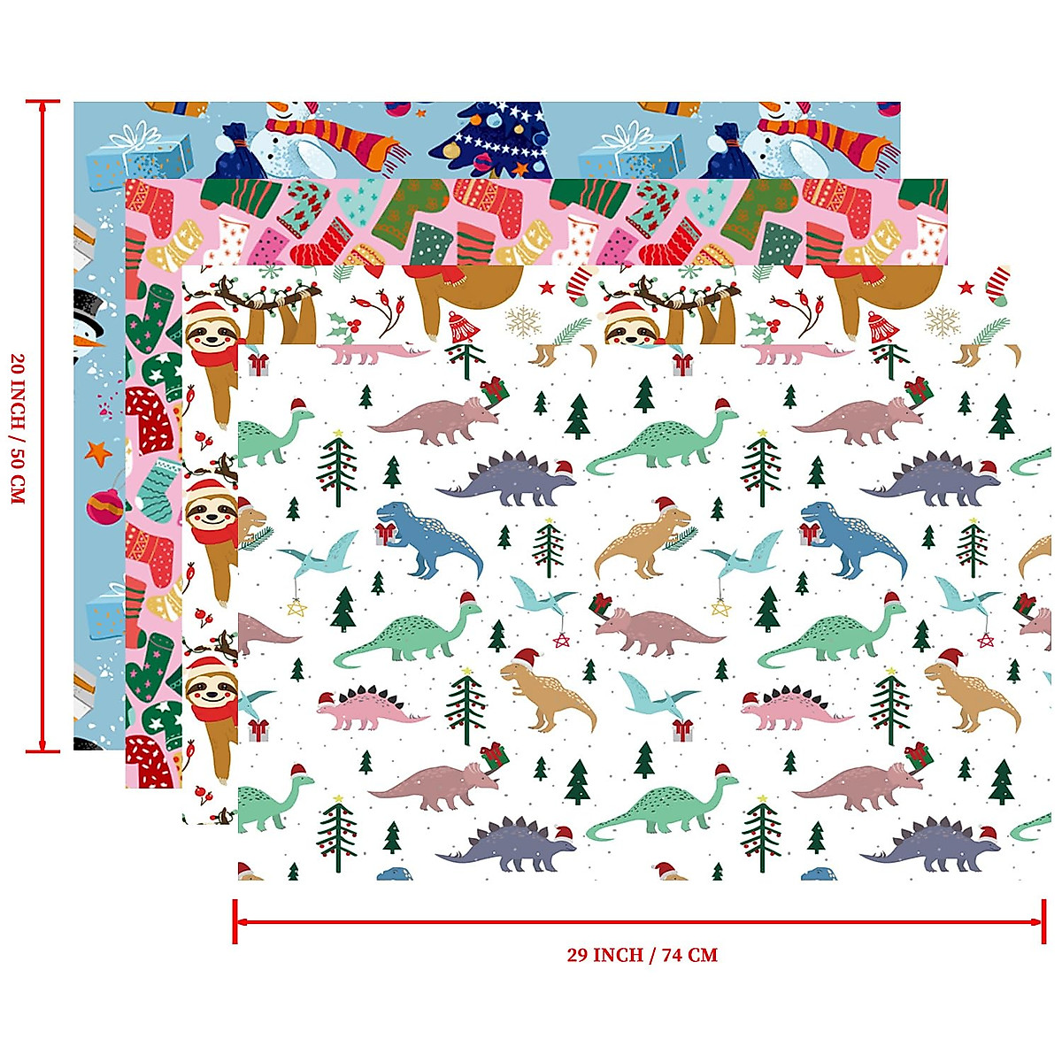 CAMKUZON Christmas Wrapping Paper for Kids Boys Girls Baby Women Men - 12 Sheets Xmas Gift Wrap 4 Cartoon Designs Dinosaur, Sloths, Snowmen, Socks - Folded Flat, 20 Inch X 29 Inch Per Sheet