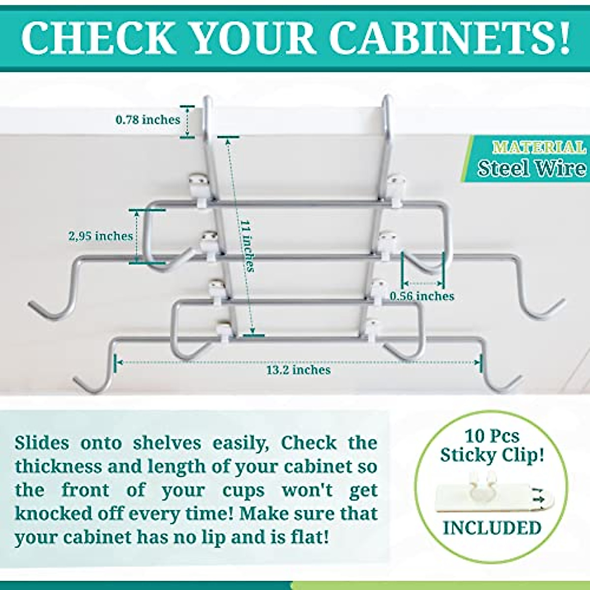 Mug Hooks Under Cabinet 8 Hooks Cabinet Max Thickness 0.78" Steel Wire Coffee Mug Hangers Utensil or Towel Hook Under Shelf Mug Holder with Stronger Grip Adhesive, Cup Rack Organizer for Kitchen, RV