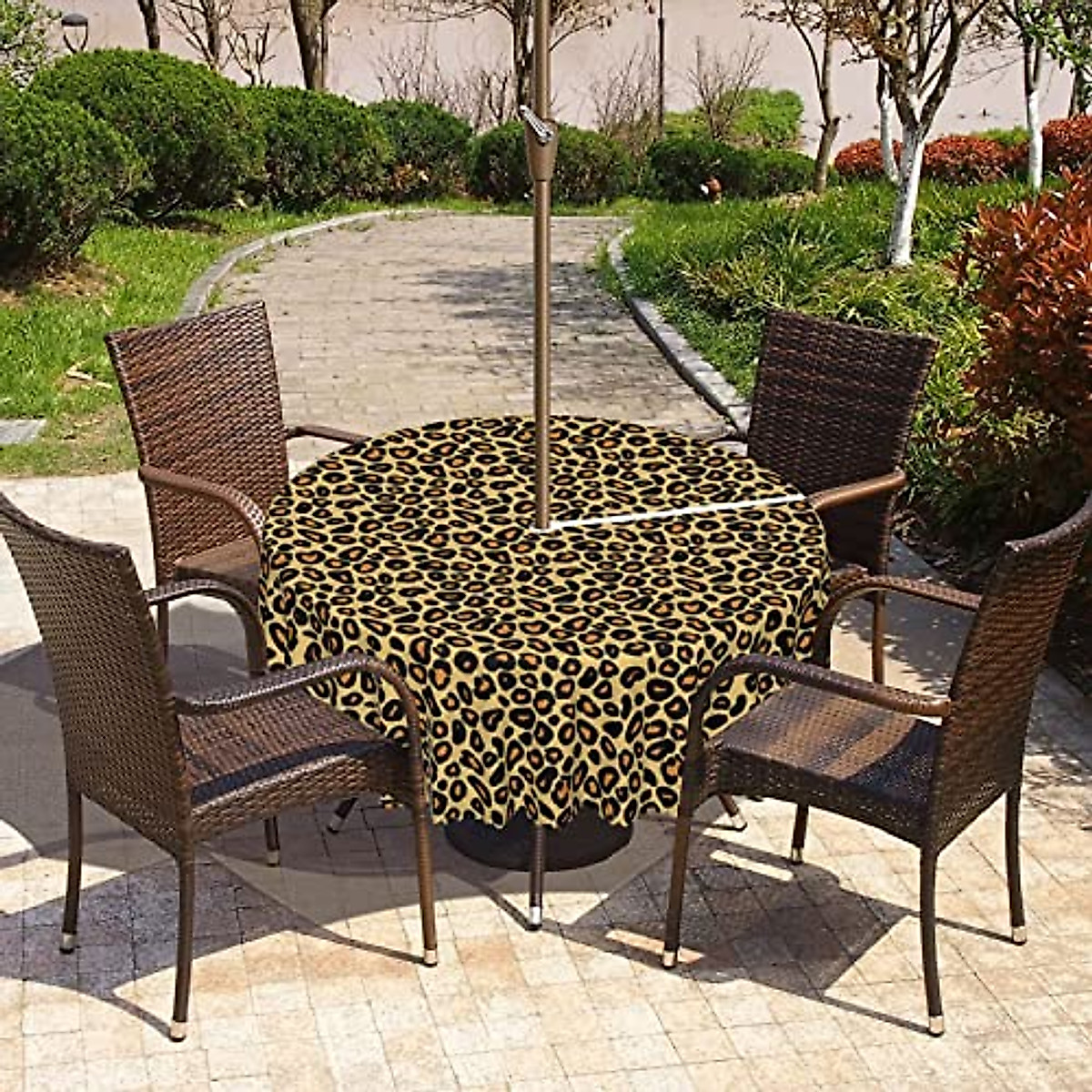 Animal Print Pattern round outdoor tablecloth,Round Tablecloth with Umbrella Hole and Zipper for Patio Garden,Waterproof Spill-Proof,for patio table with umbrella(72" Round,Mustard Orange and Black)