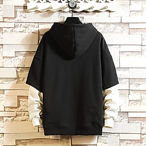 GURUNVANI Fashion Hoodies Men's Color Block Pullover O-Neck Hooded Sweatshirt Patchwork Black