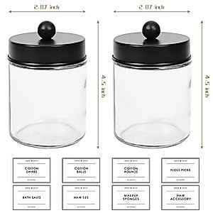 KUSVADO 2-Pack Bathroom Apothecary Storage Jars, Vanity Countertop Canister, Glass Jars Q-tip Holder, Cotton Swab Container, Bathroom Storage Container with 8 Pcs Waterproof Labels (9 Oz, Clear)