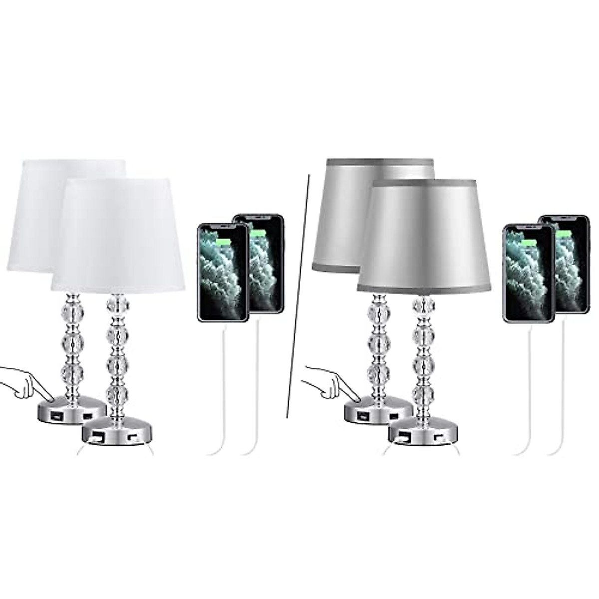 Unfusne Crystal Lamps for bedrooms Set of 4, 3 Way Dimmable Nightstand Bedside Lamp with White Fabric Shade, Small Lamps for Living Room, Dorm, Home,Office