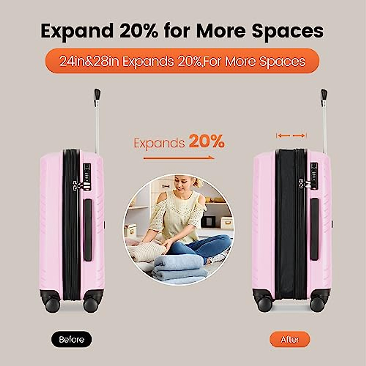GinzaTravel Rune series expandable 3 Luggage Sets,Lightweight Hardside Suitcase With Spinner Wheels TSA Lock,PP material business fashion suitcase