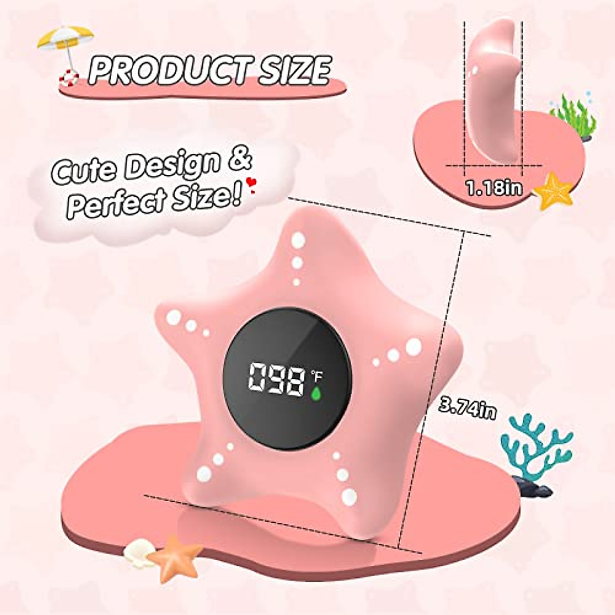 LEDFAAH Baby Bath Thermometer Safety, Auto On & Off Bathtub Thermometer Floating Toy, Digital Bathing Water Temperature Warning Thermometer, Pink Sea Star Shape