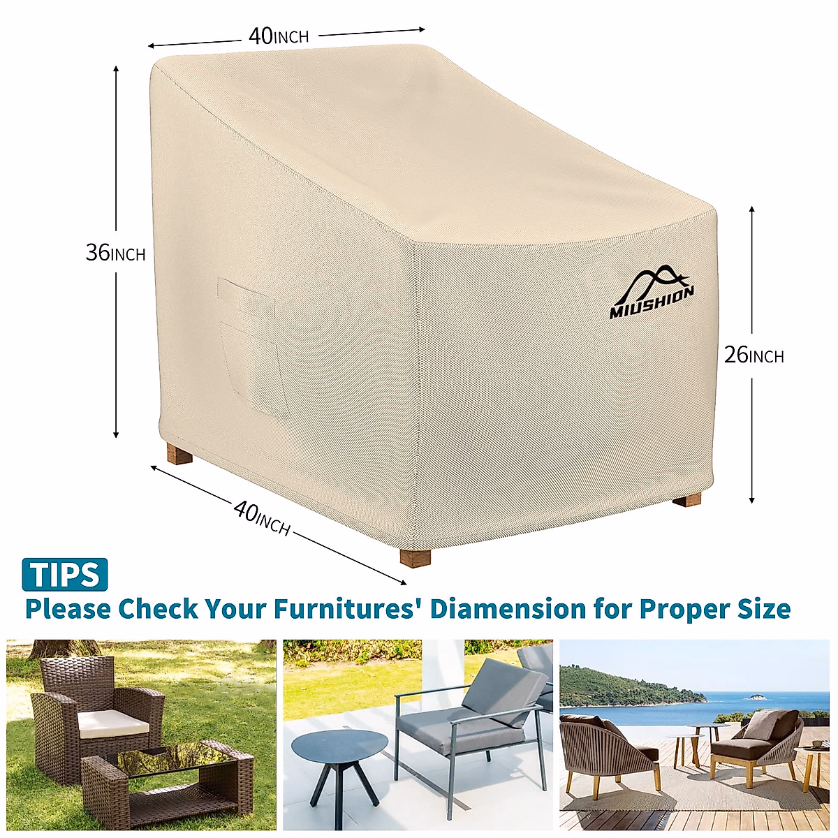 Miushion 2 Pack Patio Chair Covers, 40" W x 40" D x 36" H Heavy Duty 600D Outdoor Deep Seat Lounge Club Chair Cover, Waterproof UV Resistant Outdoor Patio Chair Furniture Cover, Beige