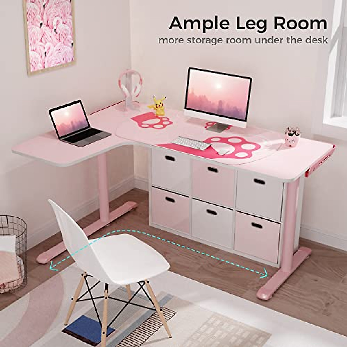 EUREKA ERGONOMIC Pink L Shaped Gaming Desk, 60 Inch Large Home Office Corner PC Computer Table Study Writing Modern Workstation Girls Female Gifts L60 w Mouse Pad Cable Management, Space Saving, Left