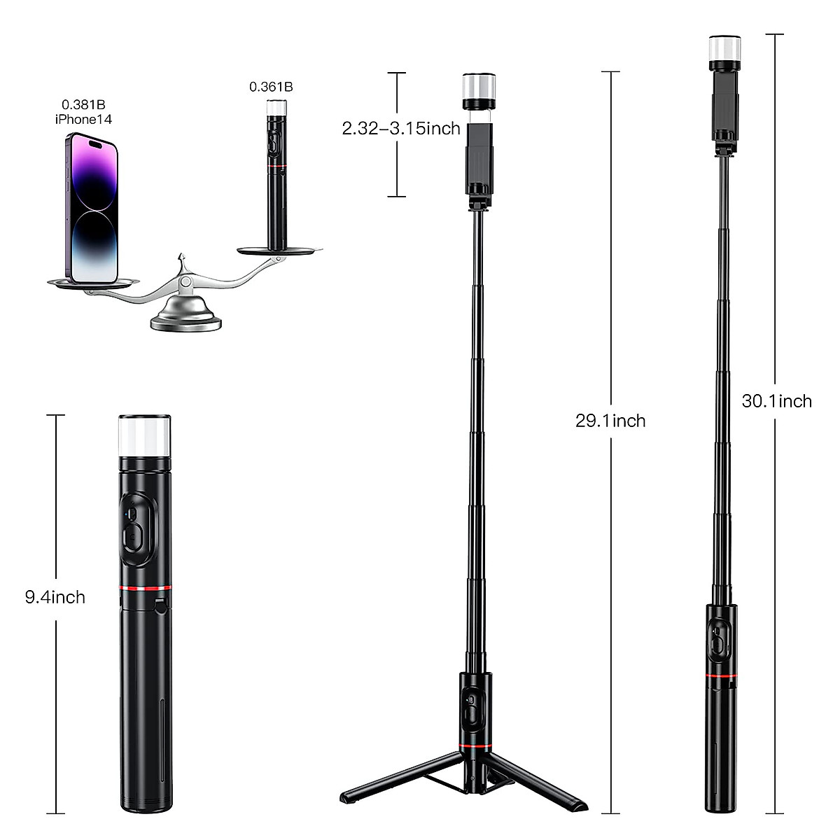 Selfie Stick Tripod with Detachable Wireless Remote, ESSAGER 30" Portable Foldable Mini Selfie Stick & Phone Tripod Stand Compatible with iPhone/Android for Travel (White)