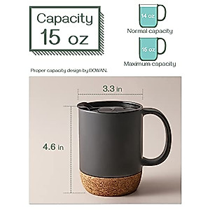 DOWAN Coffee Mugs, 15 oz Mug Set of 2, Large Ceramic Coffee Mug with Cork Bottom and Spill Proof Lid for Men, Women, Big Mug for Coffee Latte, Tea, Gifts for Graduation, Matte Grey