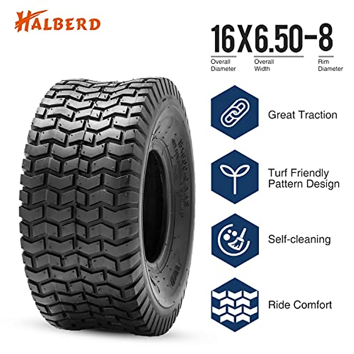 HALBERD 2PCS 16x6.50-8 Lawn & Garden Mower Tires Turf Friendly, 16x6.5-8 Great Traction for Garden Tractors, Walk-behind Mowers, Turf Maintenance Vehicles, Golf Carts, Snowblowers, Utility Vehicles
