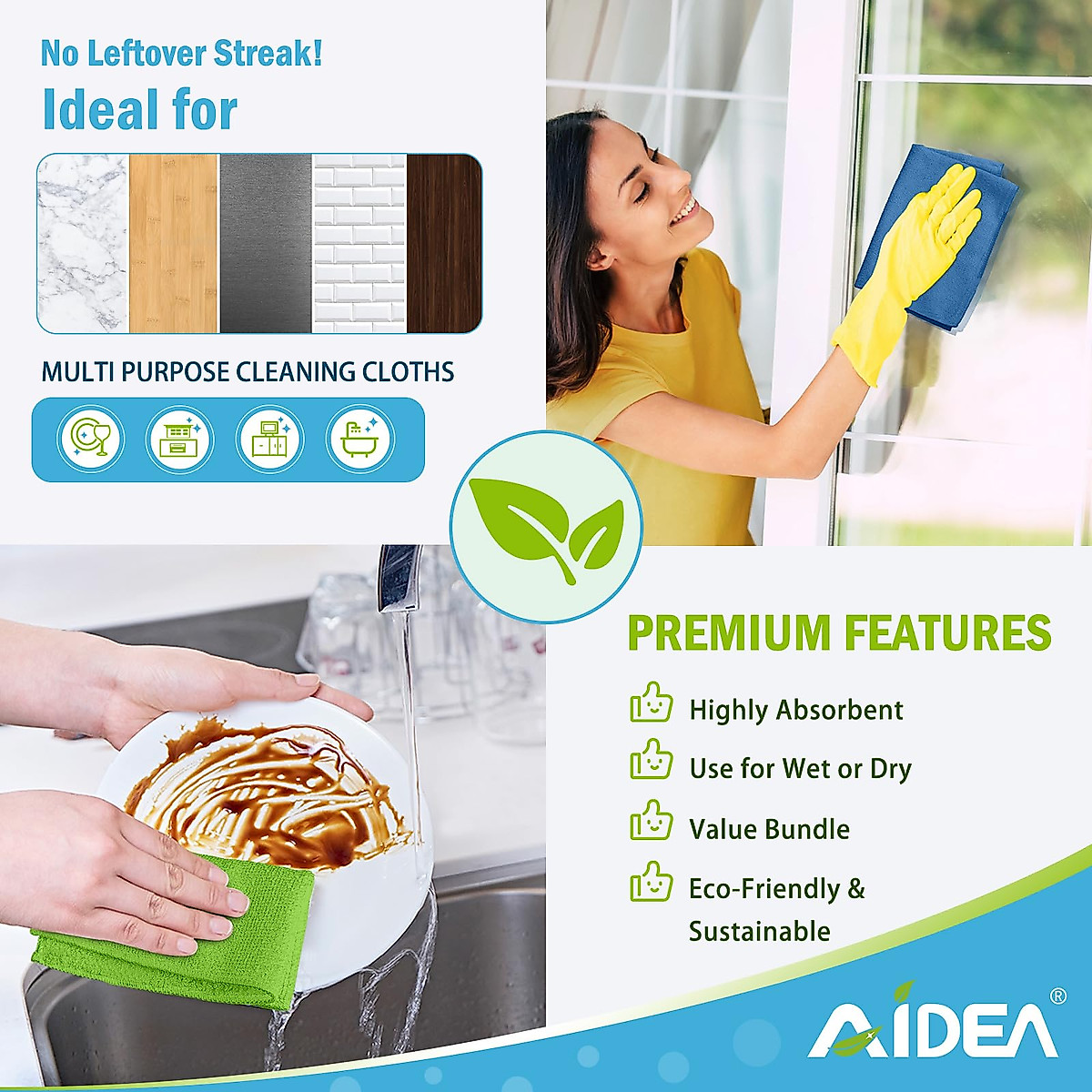 AIDEA Microfiber Cleaning Cloths-50PK, All-Purpose Softer Highly Absorbent, Lint Free - Streak Free Wash Cloth for House, Kitchen, Car, Window, Gifts(12in.x 12in.)