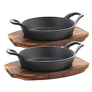 Bruntmor Mini Cast Iron Sizzler Plates Skillet Set Of 4. Round Fajita Plate With Wooden Base/Pan Tray Serving Sizzling Dish And Fajitas, Hot Steak Skillet Dish Without Sinking (2 Sets)