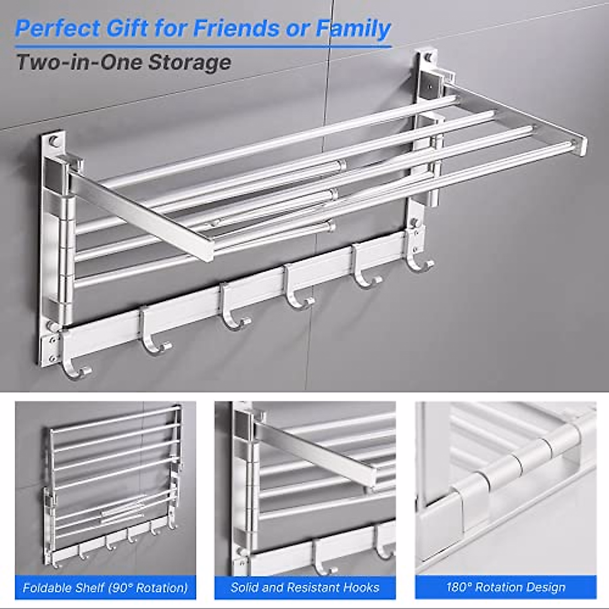 Juselove Wall-Mounted Drying Rack – Drying Rack with Broom Holder and Laundry Bag – Multifunctional Clothing Drying Rack with Swing Arms and Hooks – Space-Saving Laundry Rack for Clothes, Towels