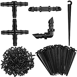 Irrigation Fitting Kit Drip Irrigation Barbed Connector Include 50 Single Barbed Connector 20 Tee 20 Elbow 20 4-Way Coupling and 100 Irrigation Support Stake Hose Holder for 1/4 Inch Tubing 210 Piece