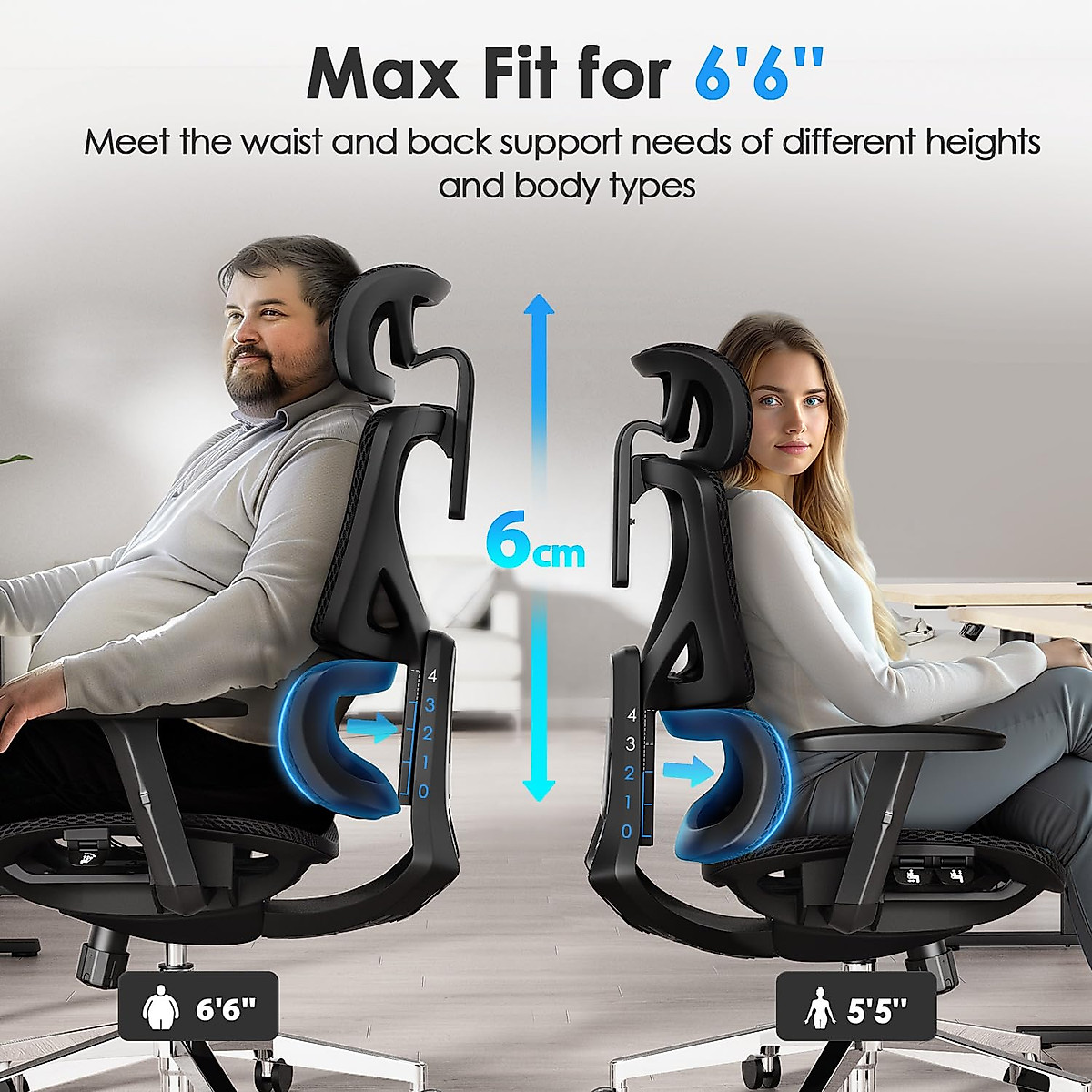 CabeVibe Ergonomic Mesh Office Chair - 6‘6“ Big & Tall Home Office Desk Chairs Seat Depth Adjustable with Lumbar Support - Back Height Adjustable Computer Task Chair with Headrest (Ergo Upgrade 518)