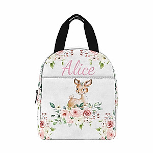 InterestPrint Custom Text Lunch Bag Cute Deer Personalized Name Lunchbox Tote Bag Gift for Daughter Niece Granddaughter Birthday