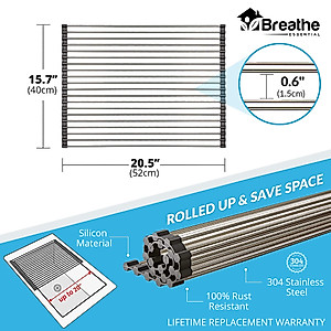 Breathe Essential (20.5" x 15.7" Roll Up Dish Drying Rack - Over The Sink Caddy for Kitchen Counter, Folding Dish Mat, Foldable Stainless Steel Trivet Accessories