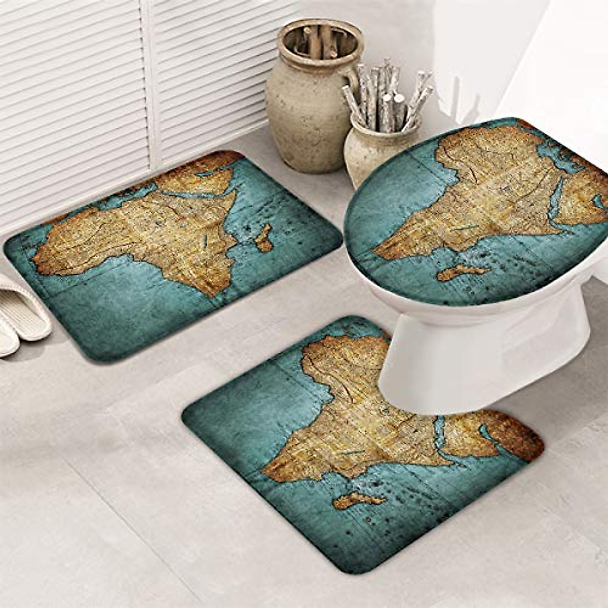 3 Piece Bath Rugs Non-Slip Mat Set Vintage Brown and Green Africa Map Absorbent Carpet Mats Durable Contour Mat and Toilet Seat Cover for Tub Toilet Shower Bathroom