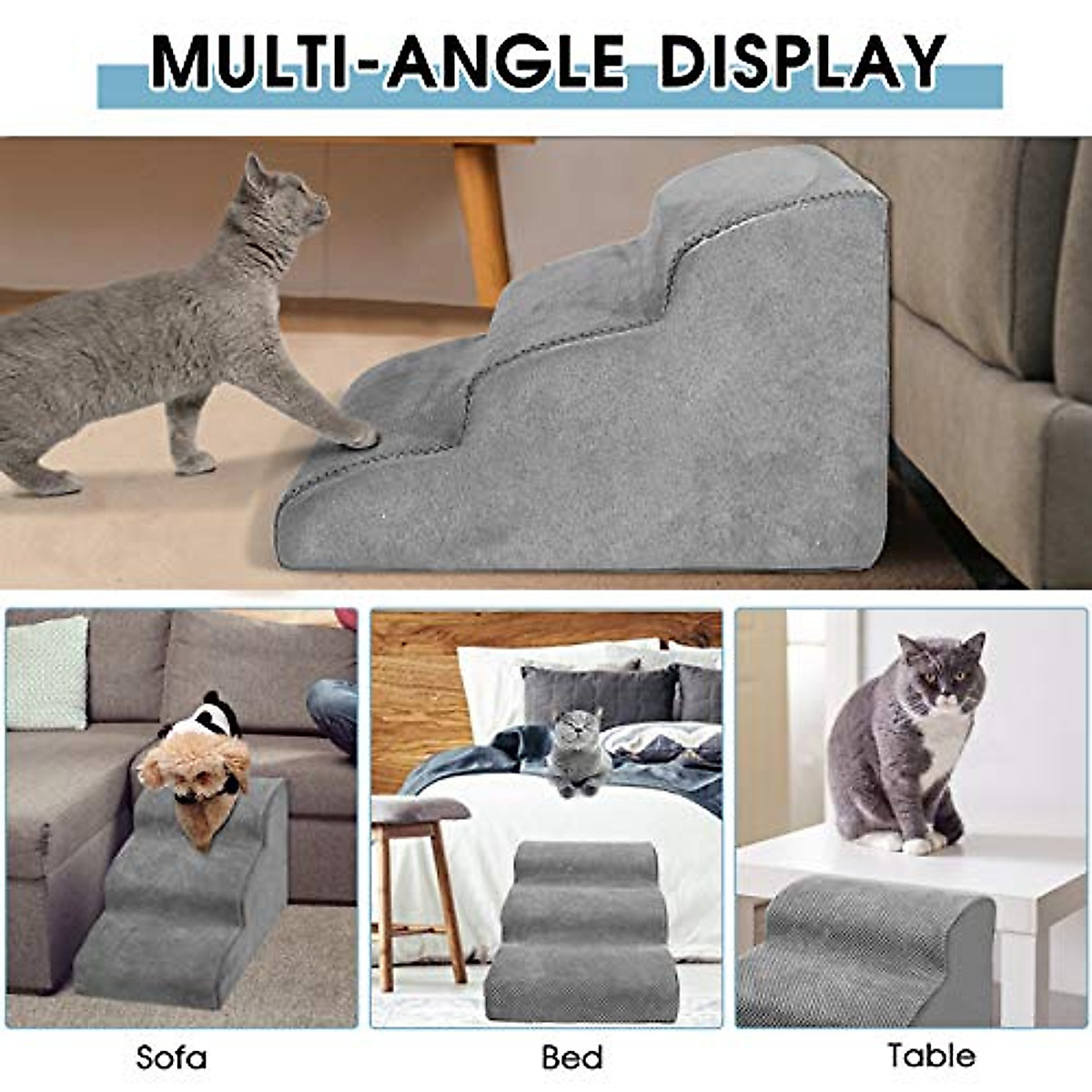 Topmart 3 Tiers Foam Dog Ramps/Steps,Non-Slip Dog Steps,Extra Wide Deep Dog Stairs,High Density Foam Pet Stairs/Ladder,Best for Older Dogs,Cats,Small Pets,with Pet Hair Remover Roller,Grey