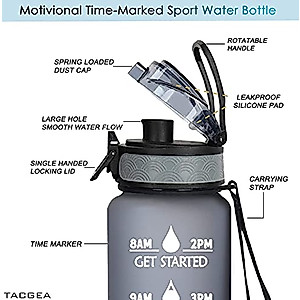TACGEA Water Bottle 32oz, Motivational Sports Water Bottle with Time Marker to Drink, BPA Free and Leakproof, for Outdoor Fitness Sports and Office, Grey