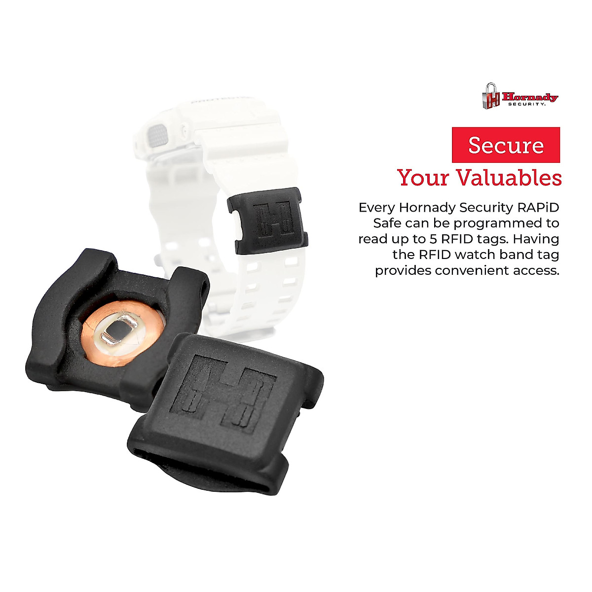 Hornady RFiD Watch Band Tag - Universal RFID Tag Attaches to your Watch Band, Opens Your RFID Safe - Keep Your Safe Key Accessible, Slips Onto Your Watch Band - Black Logo