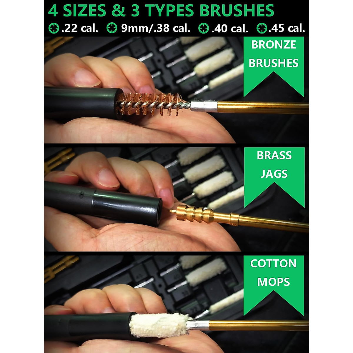 Funryer Universal Gun Cleaning Kit Pistol 9mm .38 .22 .40 .45 Caliber for Handgun Hunting Shooting with Bronze Bore Brush & Brass Jag Oil Bottle