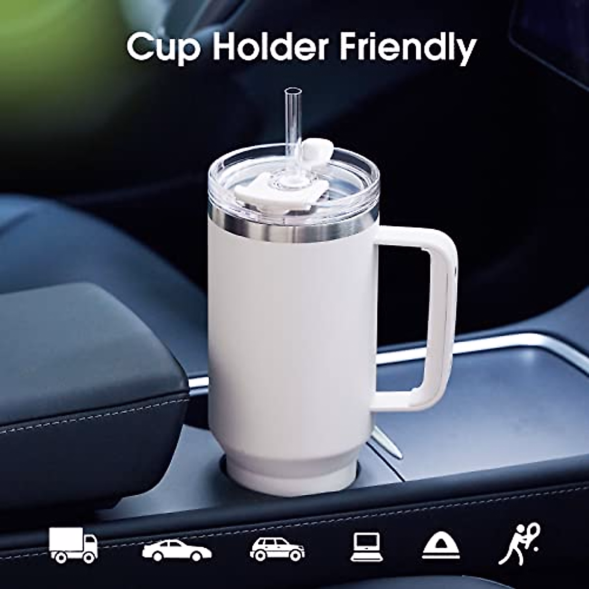 COKTIK 40 oz Tumbler With Handle and Straw Lid, 2-in-1 Lid (Straw/Flip), Vacuum Insulated Travel Mug Stainless Steel 40 Ounce Tumbler for Hot and Cold Beverages(Cream White)